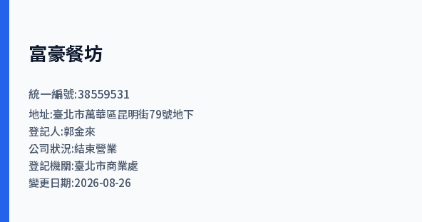 富豪餐坊的照片-統編 38559531(臺北市) 公司登記資料與營業項目詳細圖表