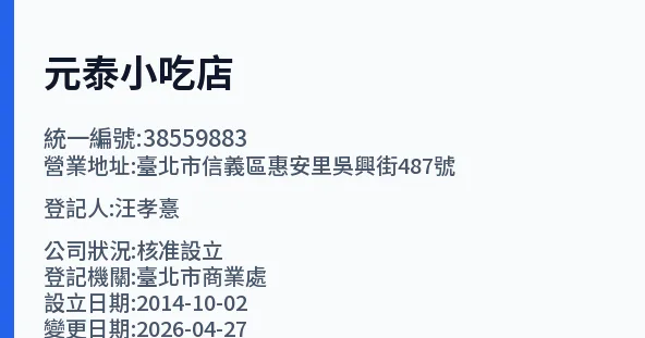 元泰小吃店的照片-統編 38559883(臺北市) 公司登記資料與營業項目詳細圖表