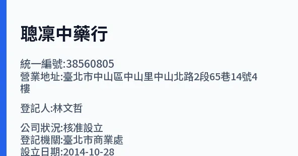聰凜中藥行的照片-統編 38560805(臺北市) 公司登記資料與營業項目詳細圖表