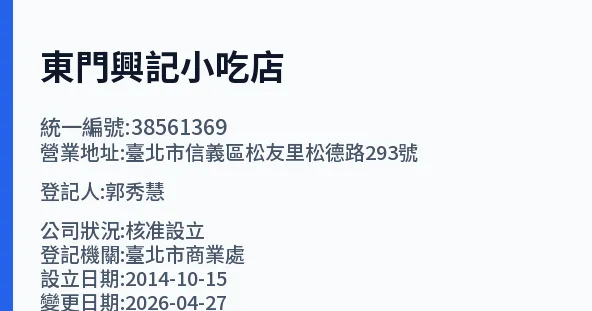 東門興記小吃店的照片-統編 38561369(臺北市) 公司登記資料與營業項目詳細圖表
