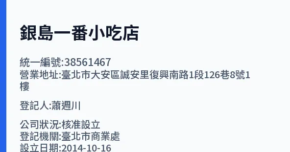 銀島一番小吃店的照片-統編 38561467(臺北市) 公司登記資料與營業項目詳細圖表