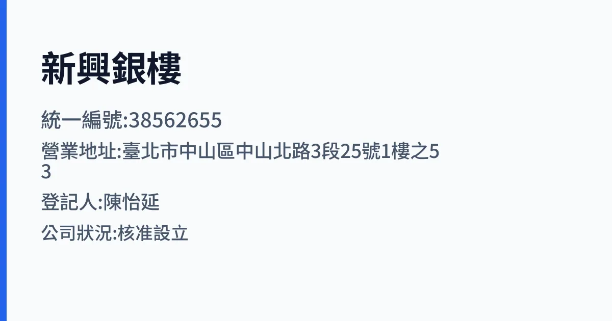 新興銀樓 - 統編 38562655(臺北市) 公司登記資料與營業項目詳細圖表