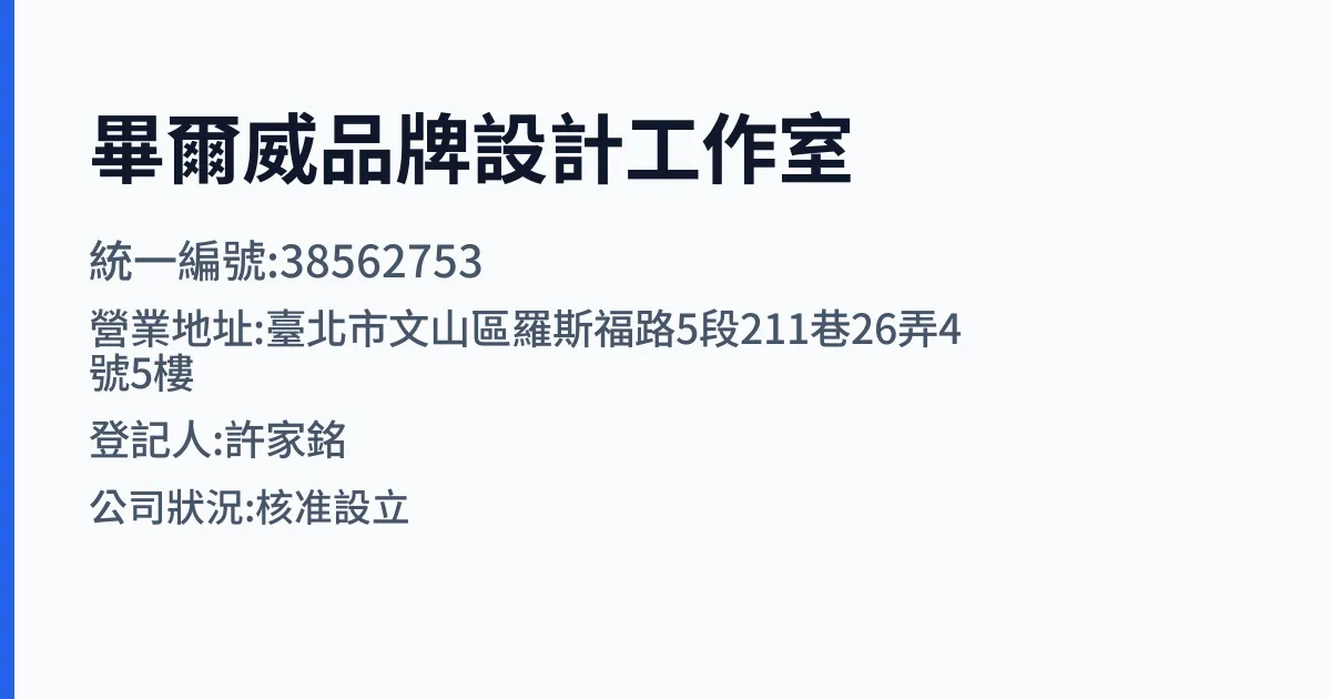 畢爾威品牌設計工作室 - 統編 38562753(臺北市) 公司登記資料與營業項目詳細圖表