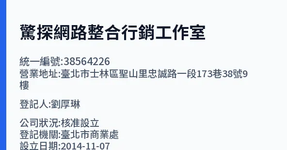 驚探網路整合行銷工作室的照片-統編 38564226(臺北市) 公司登記資料與營業項目詳細圖表