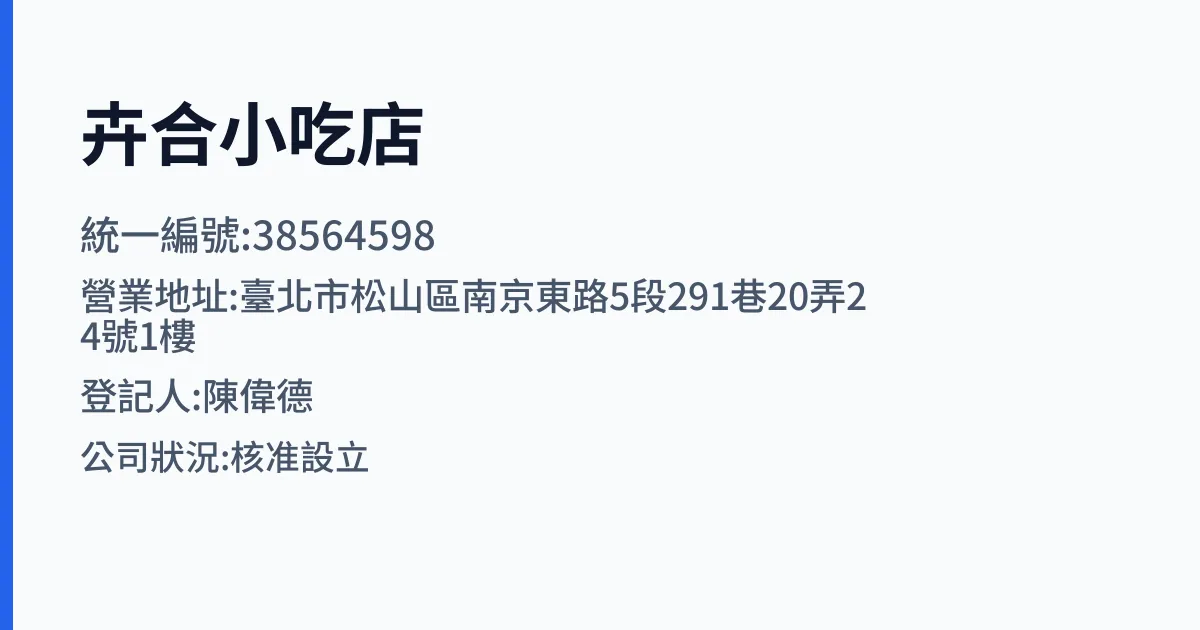 卉合小吃店 - 統編 38564598(臺北市) 公司登記資料與營業項目詳細圖表