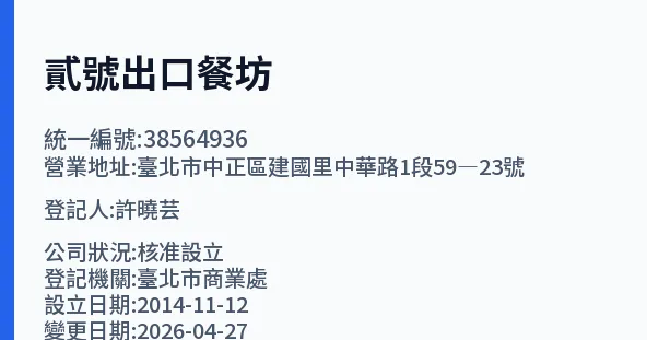 貳號出口餐坊的照片-統編 38564936(臺北市) 公司登記資料與營業項目詳細圖表
