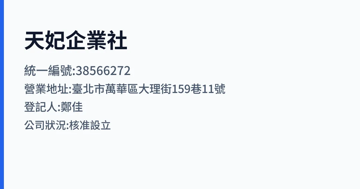 天妃企業社 - 統編 38566272(臺北市) 公司登記資料與營業項目詳細圖表