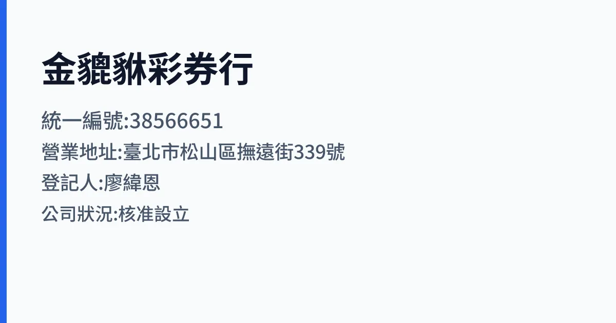 金貔貅彩券行 - 統編 38566651(臺北市) 公司登記資料與營業項目詳細圖表