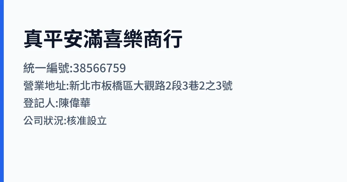 真平安滿喜樂商行 - 統編 38566759(新北市) 公司登記資料與營業項目詳細圖表