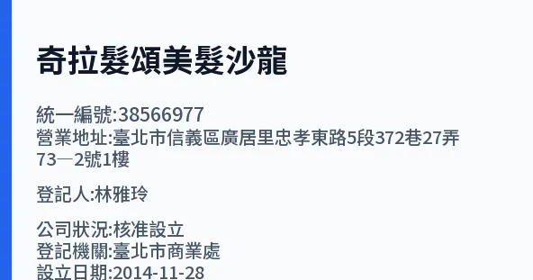 奇拉髮頌美髮沙龍的照片-統編 38566977(臺北市) 公司登記資料與營業項目詳細圖表