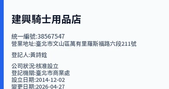 建興騎士用品店的照片-統編 38567547(臺北市) 公司登記資料與營業項目詳細圖表