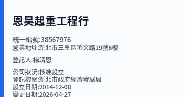 恩昊起重工程行的照片-統編 38567976(新北市) 公司登記資料與營業項目詳細圖表