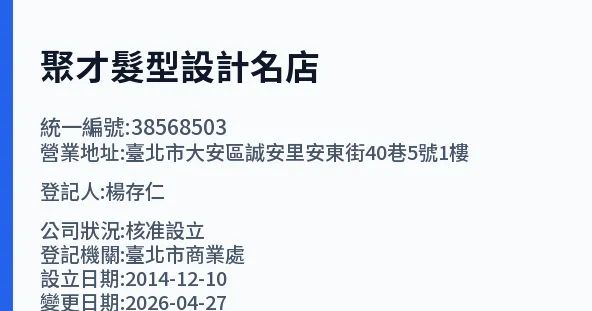 聚才髮型設計名店的照片-統編 38568503(臺北市) 公司登記資料與營業項目詳細圖表