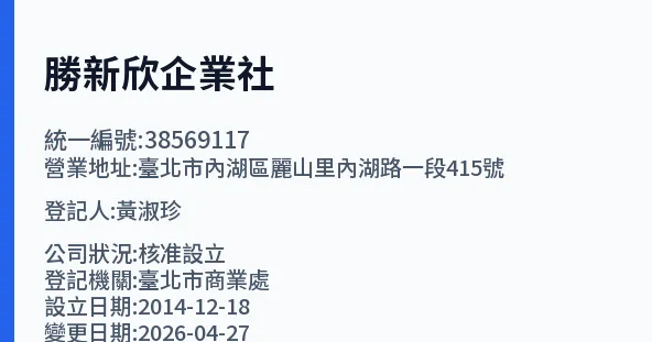 勝新欣企業社的照片-統編 38569117(臺北市) 公司登記資料與營業項目詳細圖表