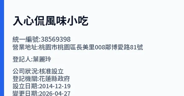 入心侃風味小吃的照片-統編 38569398(桃園市) 公司登記資料與營業項目詳細圖表