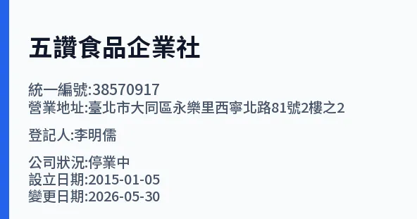 五讚食品企業社的照片-統編 38570917(臺北市) 公司登記資料與營業項目詳細圖表