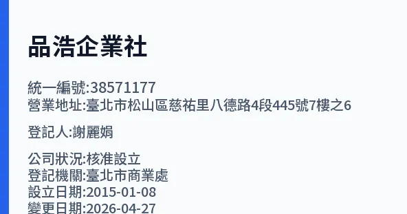 品浩企業社的照片-統編 38571177(臺北市) 公司登記資料與營業項目詳細圖表