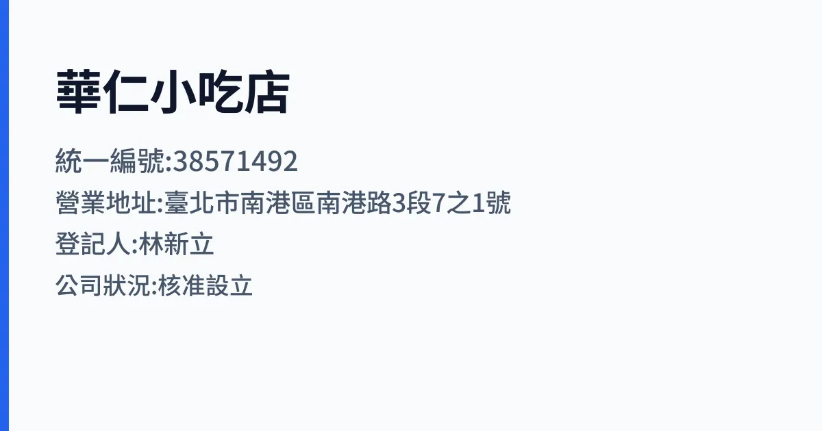 華仁小吃店 - 統編 38571492(臺北市) 公司登記資料與營業項目詳細圖表
