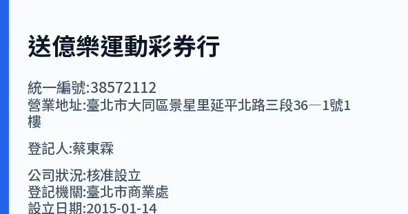 送億樂運動彩券行的照片-統編 38572112(臺北市) 公司登記資料與營業項目詳細圖表