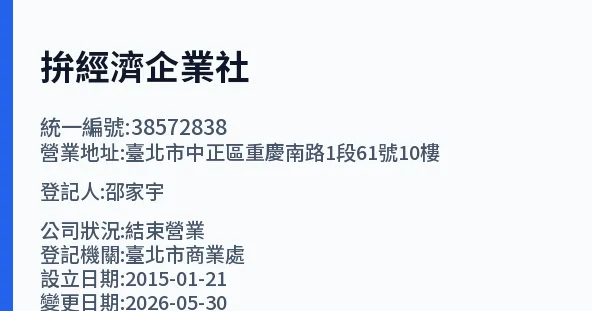 拚經濟企業社的照片-統編 38572838(臺北市) 公司登記資料與營業項目詳細圖表