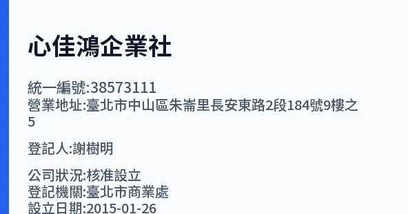 心佳鴻企業社的照片-統編 38573111(臺北市) 公司登記資料與營業項目詳細圖表