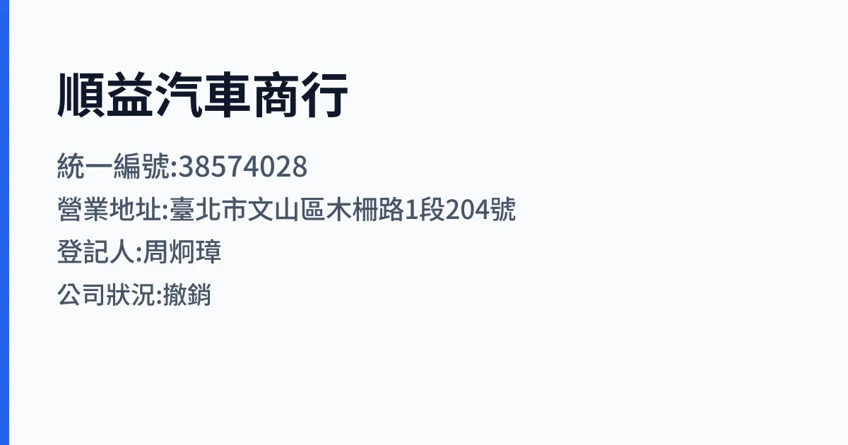 順益汽車商行 - 統編 38574028(新北市) 公司登記資料與營業項目詳細圖表