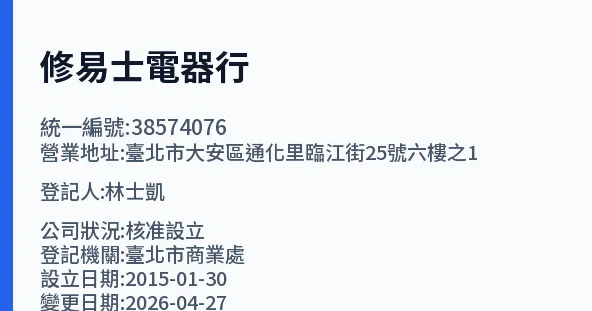 修易士電器行的照片-統編 38574076(臺北市) 公司登記資料與營業項目詳細圖表