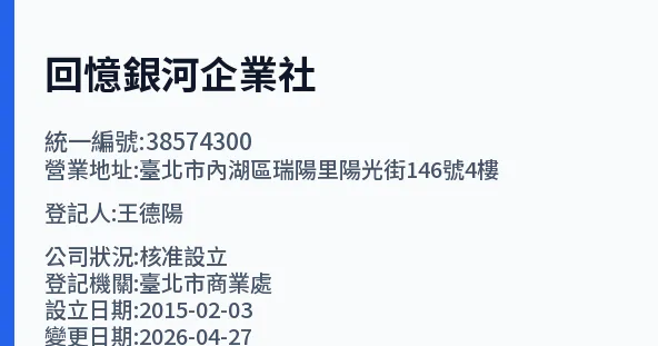 回憶銀河企業社的照片-統編 38574300(臺北市) 公司登記資料與營業項目詳細圖表