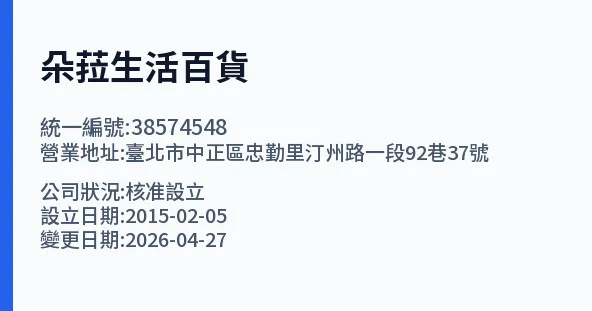朵菈生活百貨的照片-統編 38574548(臺北市) 公司登記資料與營業項目詳細圖表