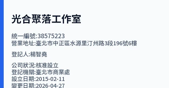 光合聚落工作室的照片-統編 38575223(臺北市) 公司登記資料與營業項目詳細圖表