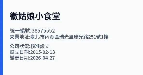 徽姑娘小食堂的照片-統編 38575552(臺北市) 公司登記資料與營業項目詳細圖表