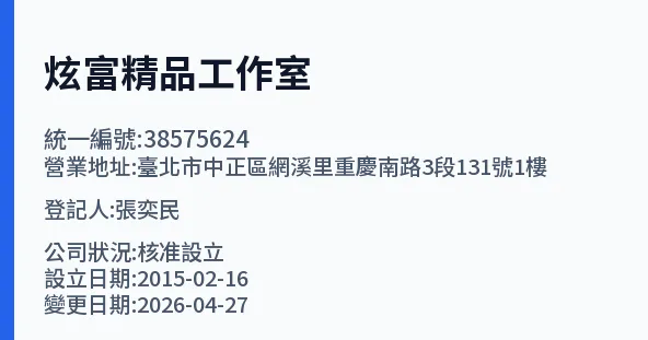 炫富精品工作室的照片-統編 38575624(臺北市) 公司登記資料與營業項目詳細圖表