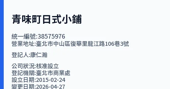 青味町日式小鋪的照片-統編 38575976(臺北市) 公司登記資料與營業項目詳細圖表