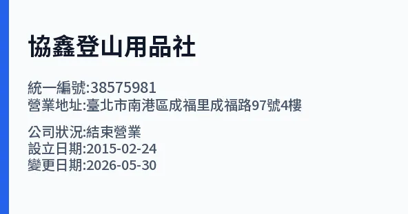 協鑫登山用品社的照片-統編 38575981(臺北市) 公司登記資料與營業項目詳細圖表