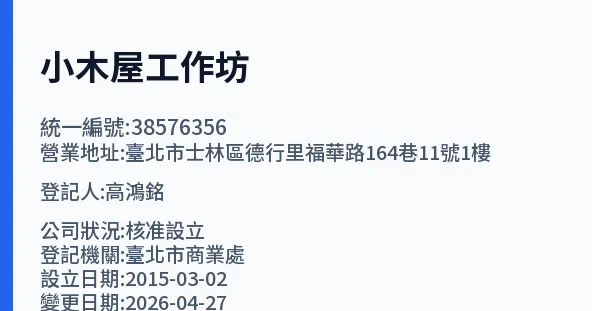 小木屋工作坊的照片-統編 38576356(臺北市) 公司登記資料與營業項目詳細圖表