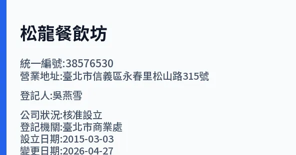 松龍餐飲坊的照片-統編 38576530(臺北市) 公司登記資料與營業項目詳細圖表