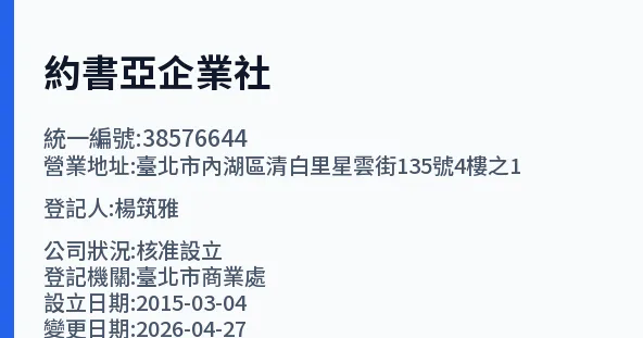 約書亞企業社的照片-統編 38576644(臺北市) 公司登記資料與營業項目詳細圖表