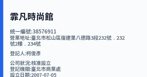 霏凡時尚館的照片-統編 38576911(臺北市) 公司登記資料與營業項目詳細圖表