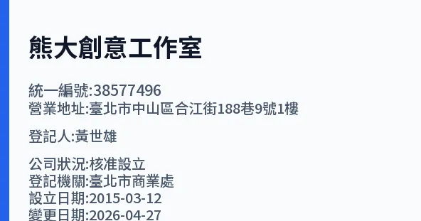 熊大創意工作室的照片-統編 38577496(臺北市) 公司登記資料與營業項目詳細圖表