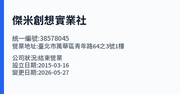 傑米創想實業社的照片-統編 38578045(臺北市) 公司登記資料與營業項目詳細圖表
