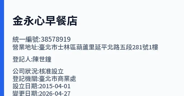 金永心早餐店的照片-統編 38578919(臺北市) 公司登記資料與營業項目詳細圖表