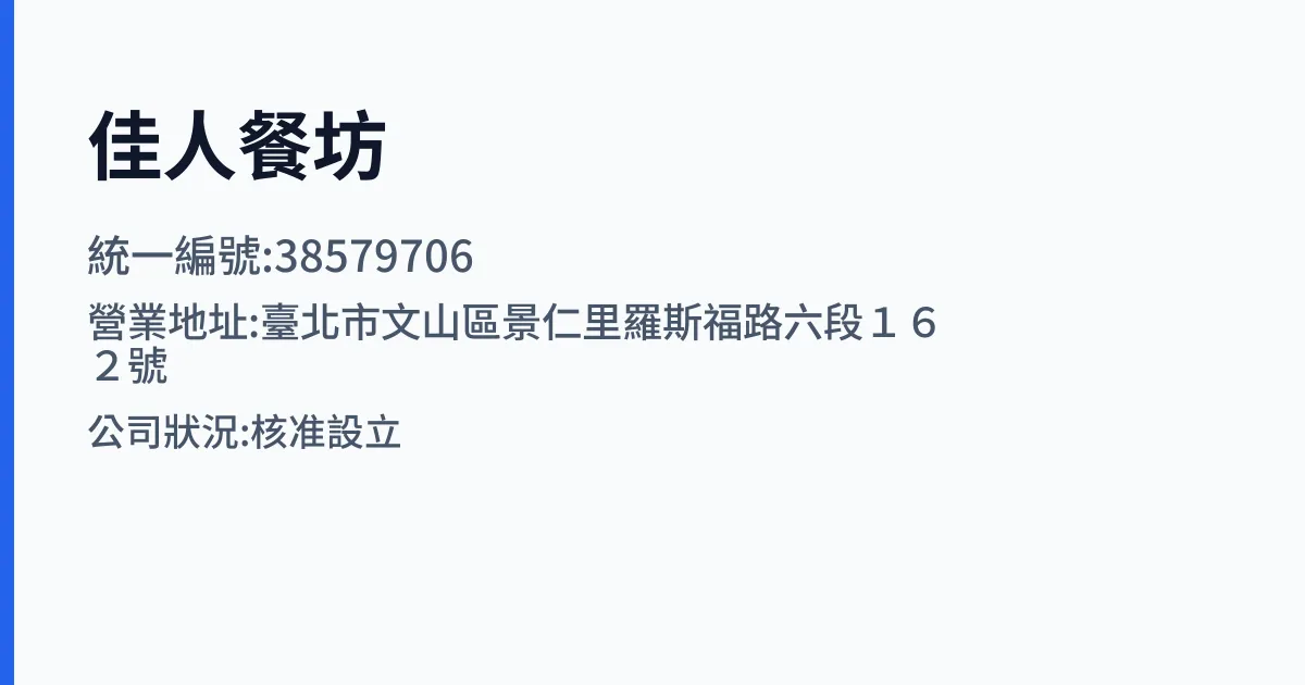佳人餐坊 - 統編 38579706(臺北市) 公司登記資料與營業項目詳細圖表