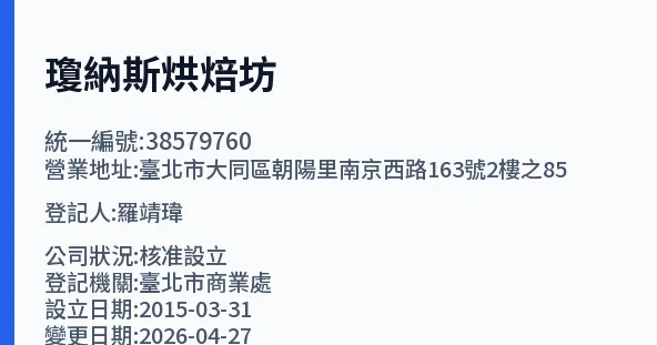 瓊納斯烘焙坊的照片-統編 38579760(臺北市) 公司登記資料與營業項目詳細圖表