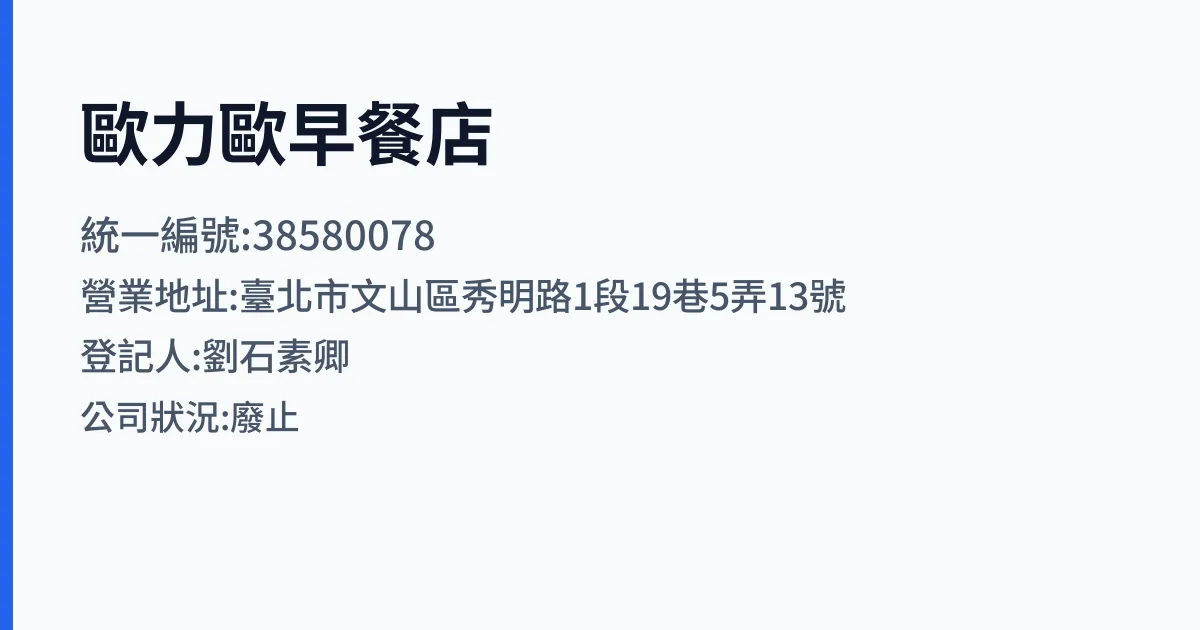 歐力歐早餐店 - 統編 38580078(臺北市) 公司登記資料與營業項目詳細圖表