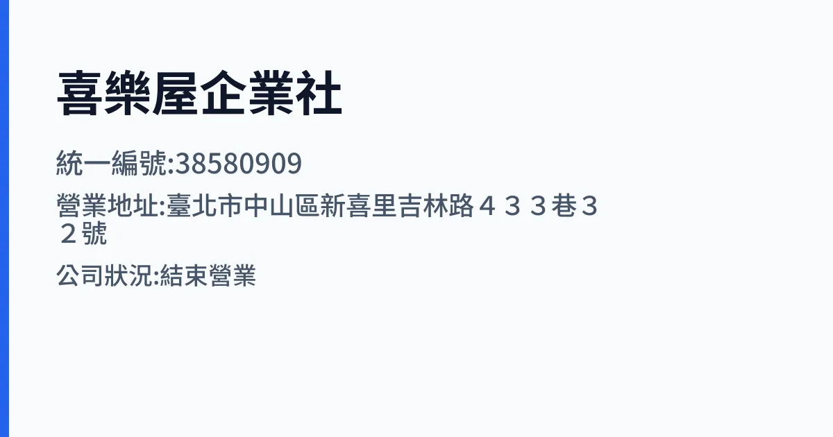 喜樂屋企業社 - 統編 38580909(臺北市) 公司登記資料與營業項目詳細圖表