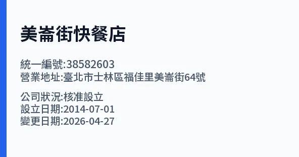 美崙街快餐店的照片-統編 38582603(臺北市) 公司登記資料與營業項目詳細圖表