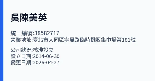 吳陳美英的照片-統編 38582717(臺北市) 公司登記資料與營業項目詳細圖表