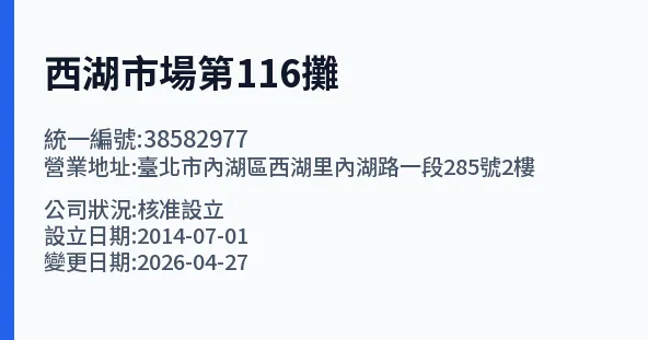 西湖市場第116攤的照片-統編 38582977(臺北市) 公司登記資料與營業項目詳細圖表