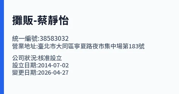 攤販-蔡靜怡的照片-統編 38583032(臺北市) 公司登記資料與營業項目詳細圖表