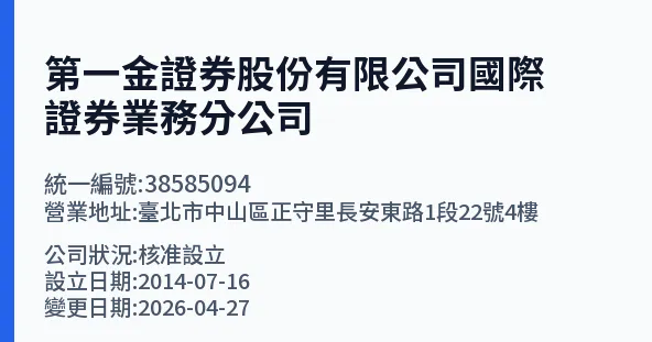第一金證券股份有限公司國際證券業務分公司的照片-統編 38585094(臺北市) 公司登記資料與營業項目詳細圖表